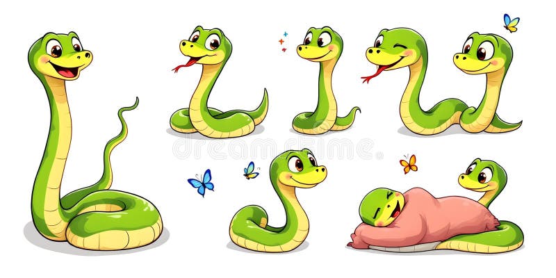 Cartoon Snakes Set in Various Poses and Activities on White Background ...
