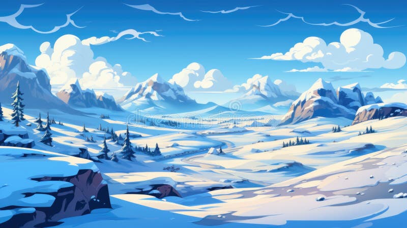 Cartoon Snow Covered Mountains with Trees and Clouds, AI Stock ...