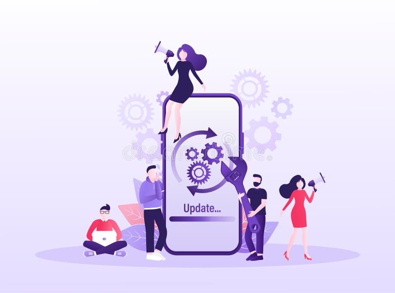 Cartoon Software Update People for Mobile App Design. Isometric Vector ...