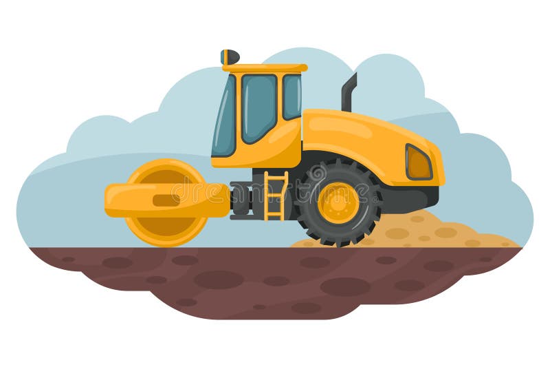 Cartoon of Soil Compactor Roller Compacting the Ground. Heavy Machinery ...