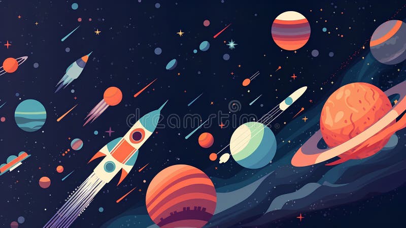 Cartoon Space Background with Planets, Rockets and Stars. Vector ...