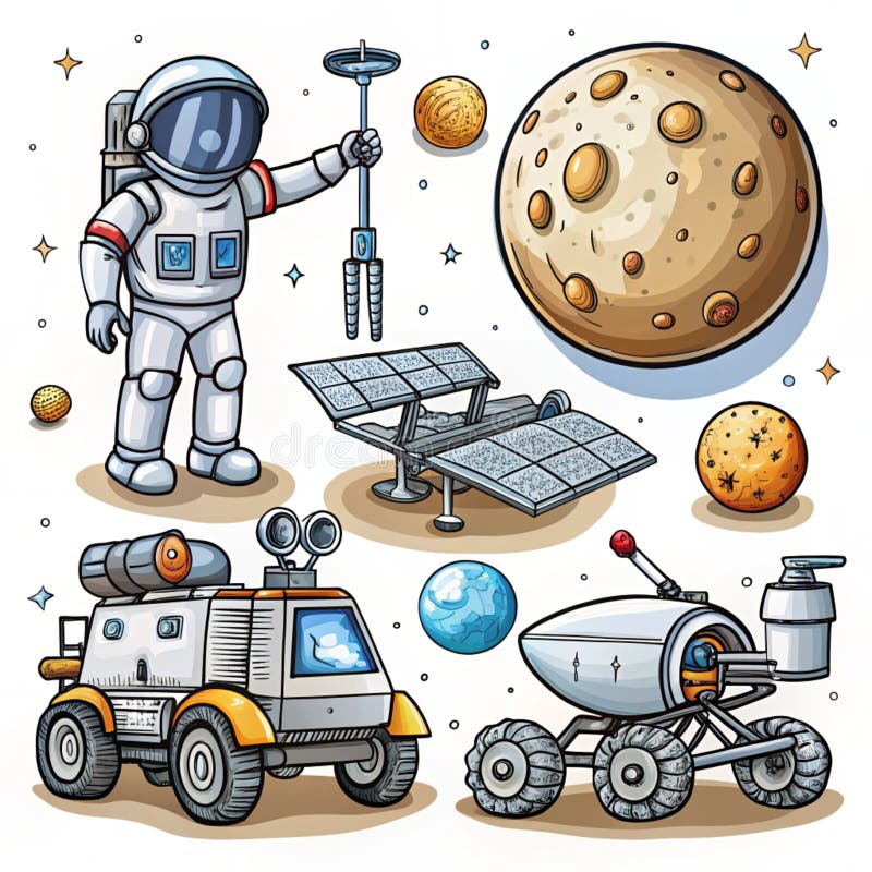 Cartoon Space Exploration Set Stock Illustration - Illustration of ...