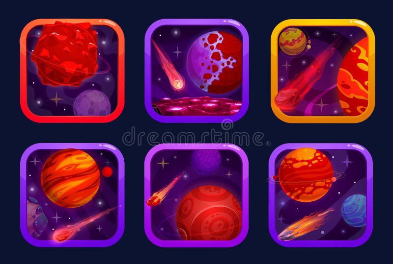 Cartoon Space Game App Icons, Comets and Planets Stock Vector ...