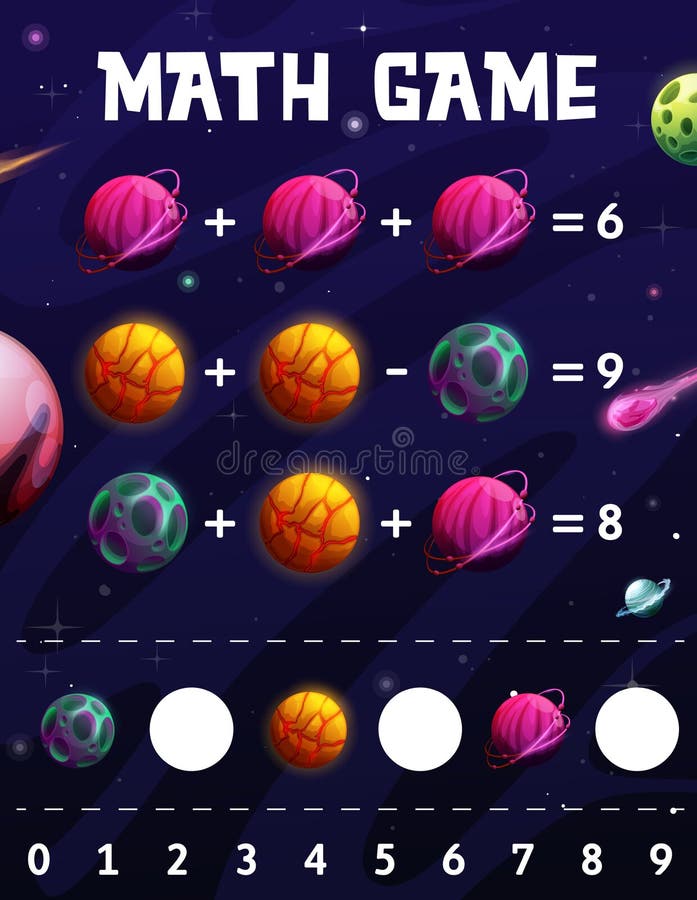 Cartoon Space Planets Math Game Worksheet Stock Vector - Illustration ...