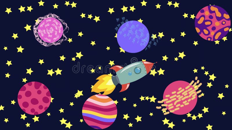 Cartoon Space. Cartoon Rocket Flies in Outer Space Past the Suspended ...