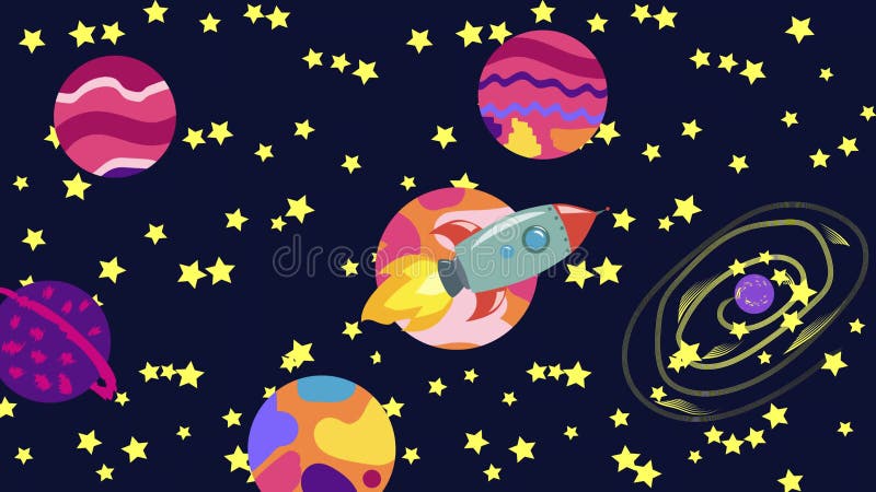 Cartoon Space. Cartoon Rocket Flies in Outer Space Past the Suspended ...