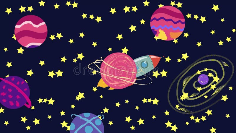 Cartoon Space. Cartoon Rocket Flies in Outer Space Past the Suspended ...