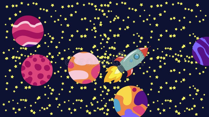 Cartoon Space. Cartoon Rocket Flies in Outer Space Past the Suspended ...