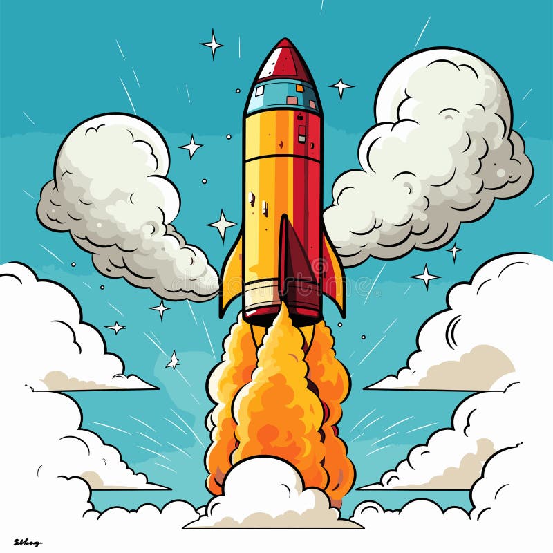 Cartoon Space Rocket Flying in the Sky with Clouds. Vector Illustration ...