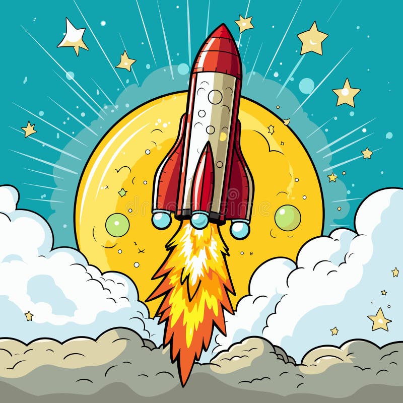 Cartoon Space Rocket Flying in the Sky. Vector Illustration for ...