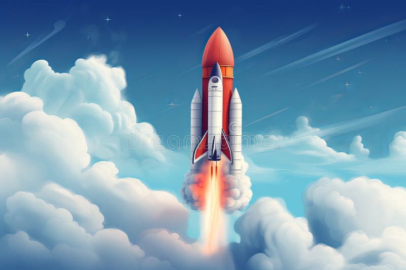 Cartoon Space Rocket Flying To the Clouds Stock Illustration ...
