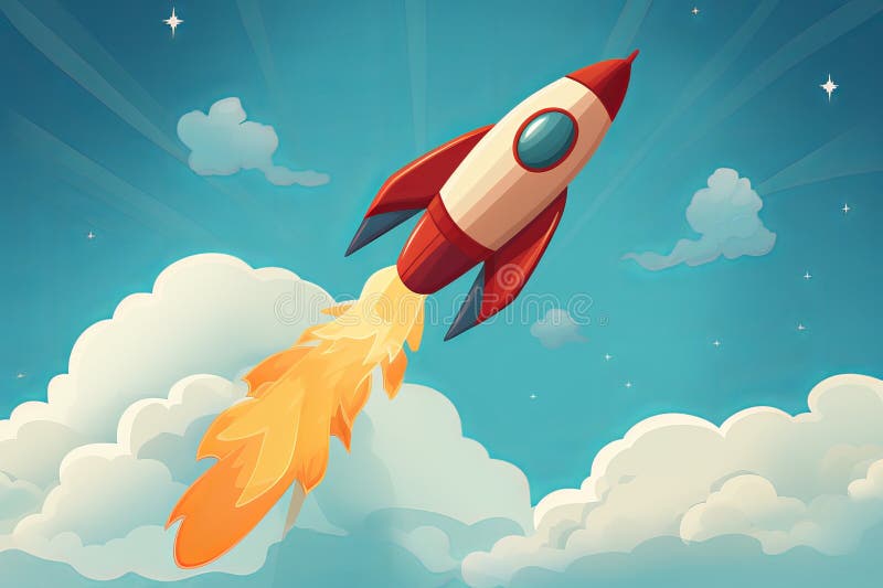 Cartoon Space Rocket Flying To the Clouds Stock Illustration ...
