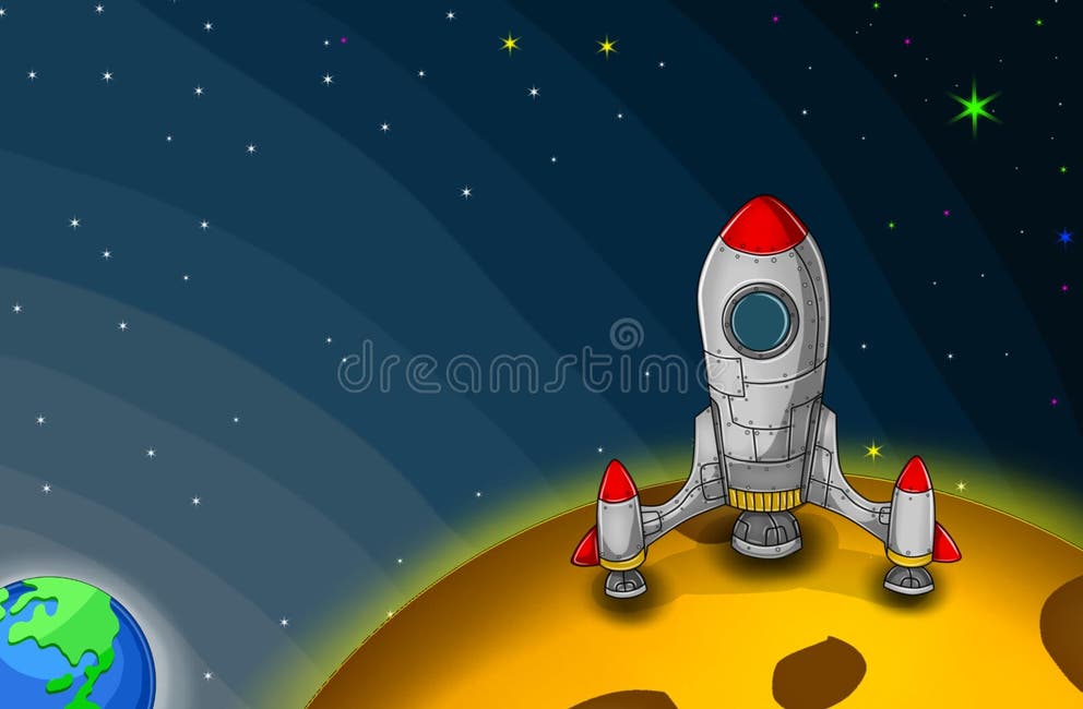 Cartoon Space Rocket Ship Landing in the Moon Stock Illustration ...