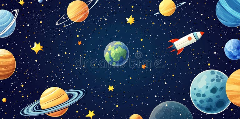 The Cartoon Space Rockets and Planets Seamless Pattern is about Space ...