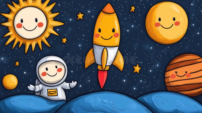 A Cartoon Space Scene with a Smiling Sun, Planets and an Astronaut, AI ...