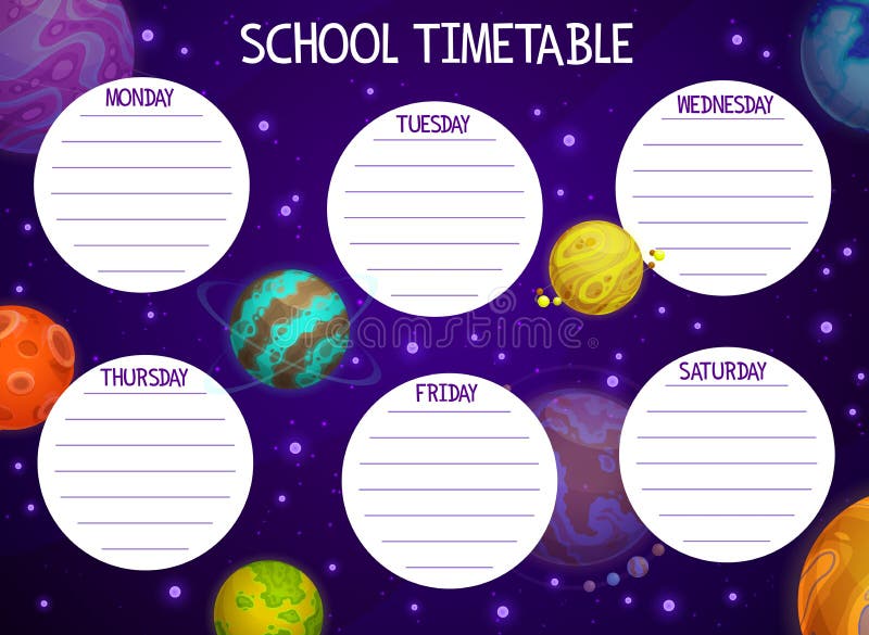 Cartoon Space School Timetable with Planets Stock Vector - Illustration ...