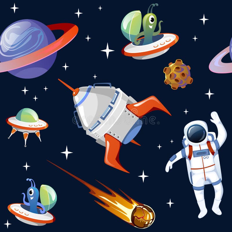 Cartoon Space Seampless Pattern. Planets, Asteroids, Astronauts, Ufo ...