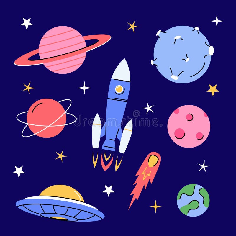 Cartoon Space Set. Rocket, Planets, Moon, Comet, Satellite Planets and ... Cartoon Space Set. Rocket, Planets, Moon, Comet, Satellite Planets and ...