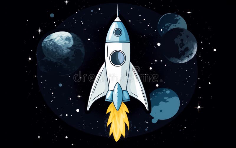 Cartoon of Space Shuttle Flying through the Sky with Planets in the ...