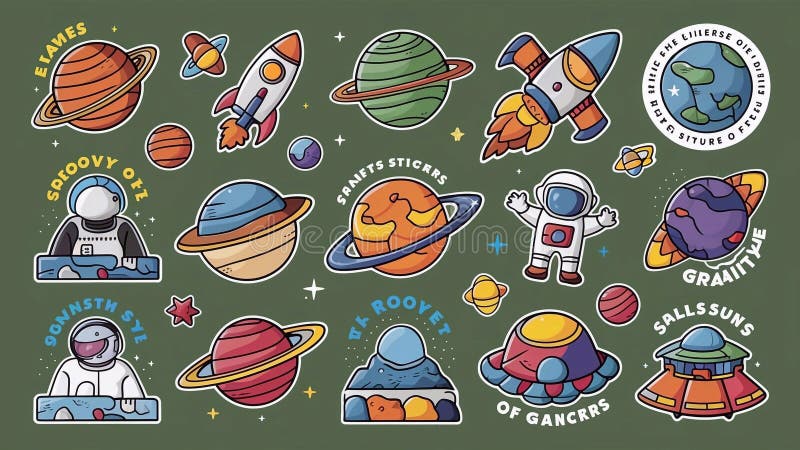 Cartoon Space Stickers. Galactic Elements, Planets, Rocket, UFO ...