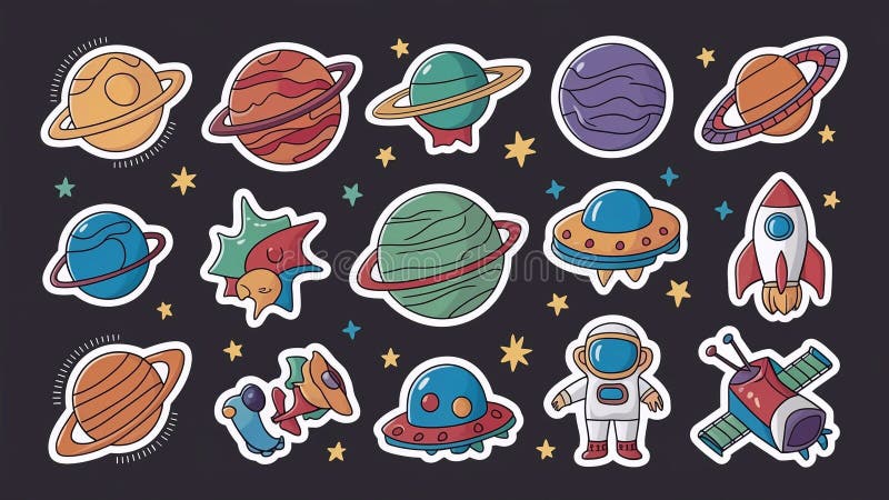 Cartoon Space Stickers. Galactic Elements, Planets, Rocket, UFO ...