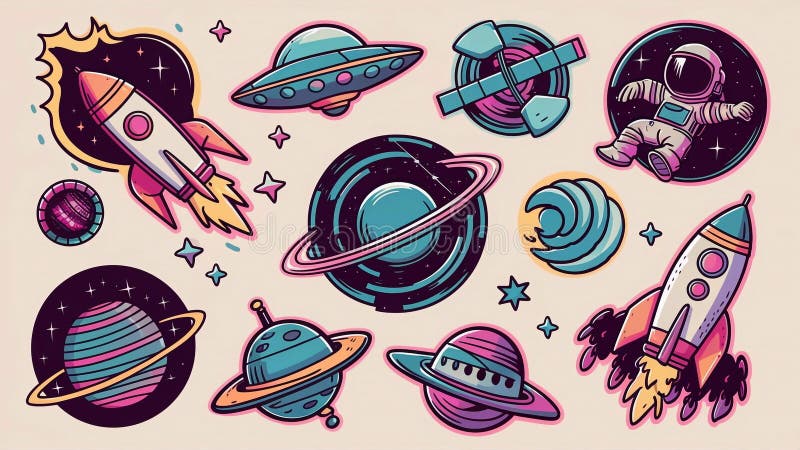 Cartoon Space Stickers. Galactic Elements, Planets, Rocket, UFO ...