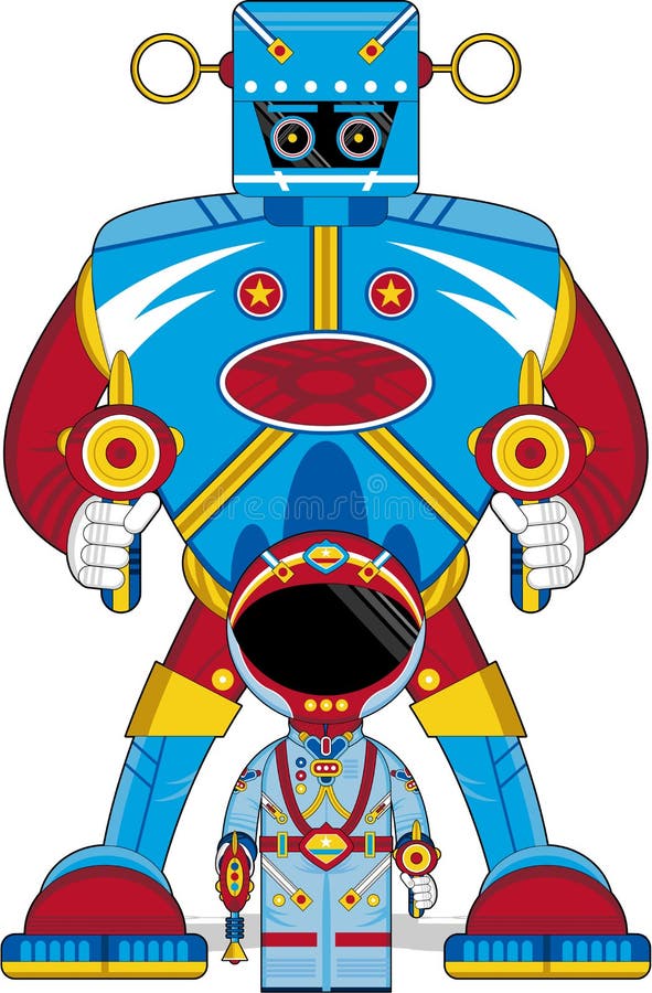 Cartoon Spaceman and Giant Robot Stock Vector - Illustration of visor ...