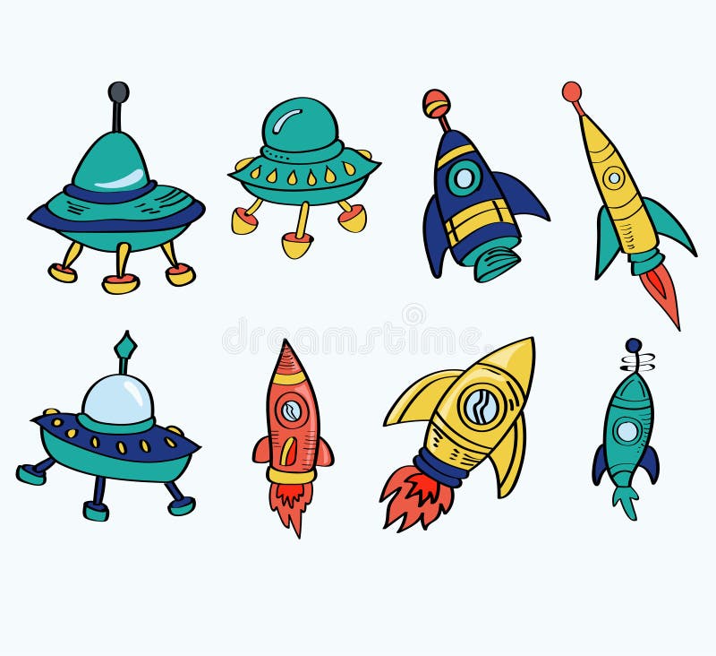 Cartoon spaceship set stock illustration. Illustration of design - 81036311