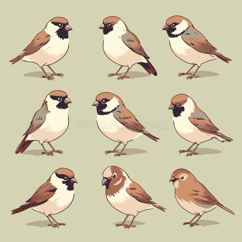 Cartoon Sparrow Birds Vector Color Collection Set Stock Vector ...