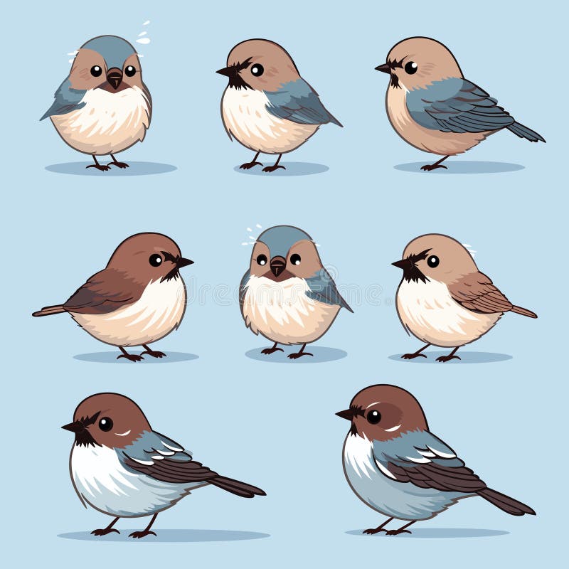 Cartoon Sparrow Birds Vector Color Collection Set Stock Vector ...
