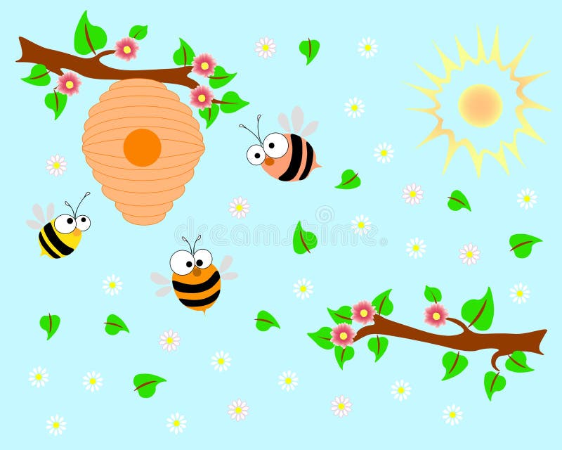 Spring Bees House Mushroom Door Fairy Tale Clouds Stock Vector ...