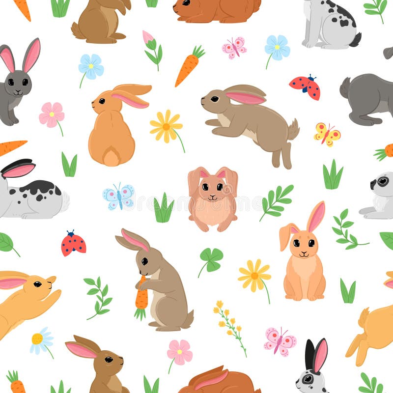 Cartoon Spring Easter Rabbits and Flowers Seamless Pattern. Traditional ...