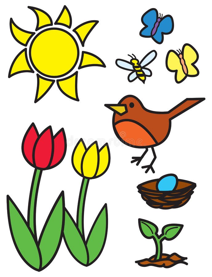Cartoon Springtime Items and Animals Stock Vector - Illustration of ...