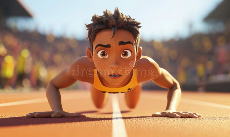 Cartoon Sprinter at the Starting Line, Poised with Muscles Tensed and a ...