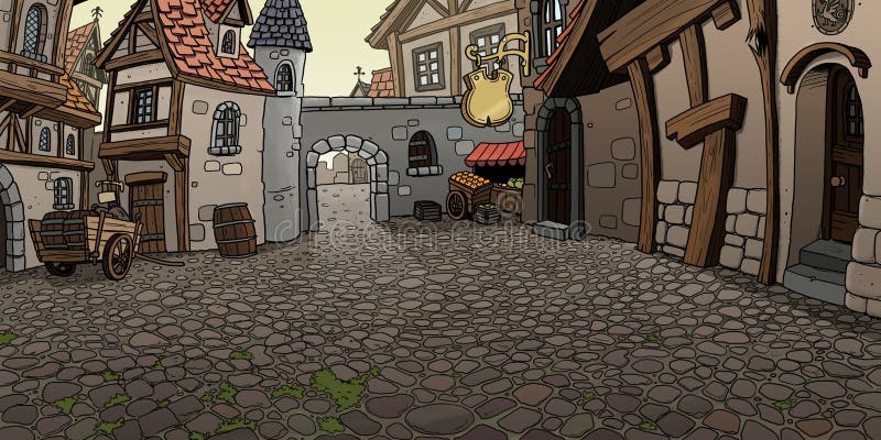Cartoon Square the Old Medieval Town Background Stock Illustration ...