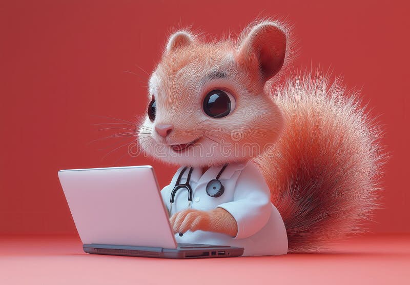 Cartoon Squirrel Doctor Sitting Table Working Computer Stock Photos ...