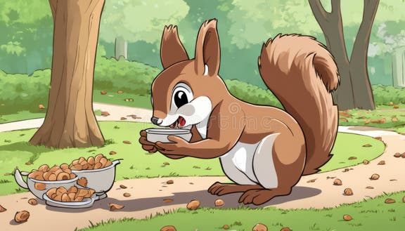 A Cartoon Squirrel Eating Nuts from a Bowl Stock Illustration ...