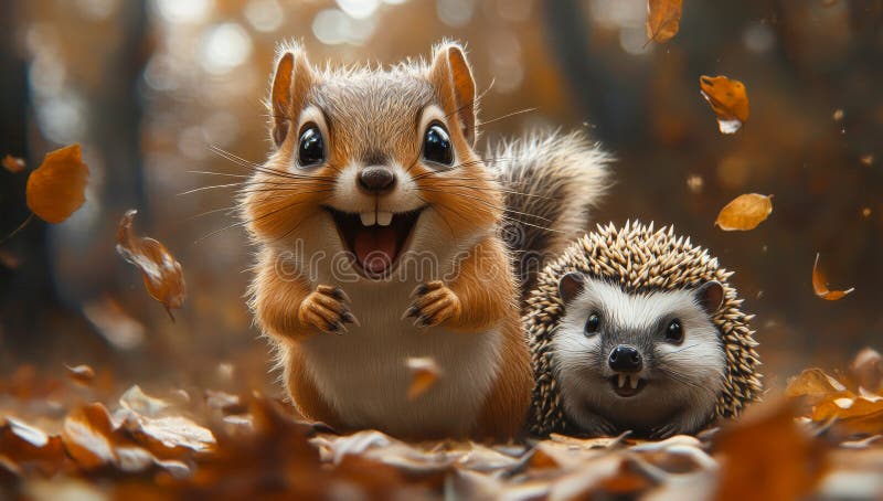 A Cartoon of a Squirrel and a Hedgehog are Smiling and Playing Together ...