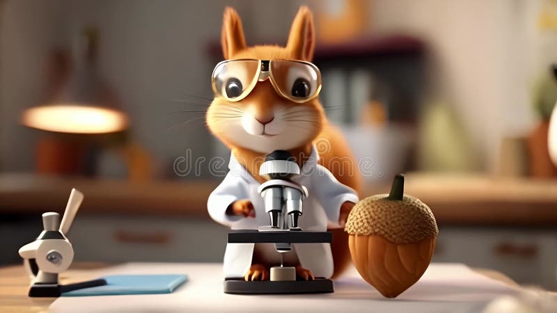 Cartoon Squirrel in Lab Coat Examining Nut with Microscope Perfect for ...