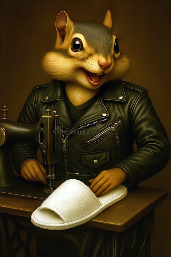 Cartoon Squirrel in Leather Jacket at Sewing Machine, Creative Concept ...