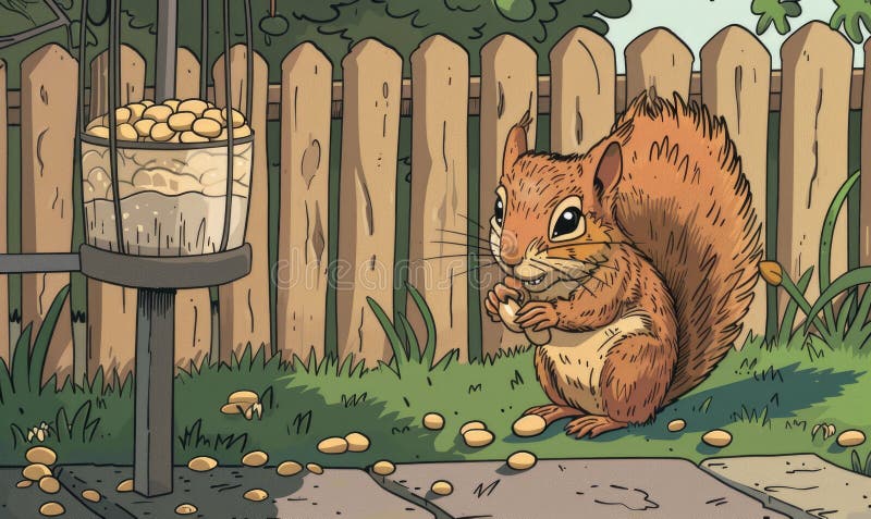 A Cartoon Squirrel is Sitting on the Ground in Front of a Fence Stock ...