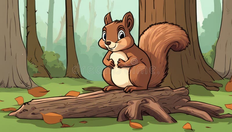 A Cartoon Squirrel Sitting on a Log Stock Illustration - Illustration ...