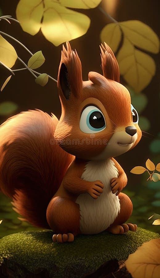 A Cartoon Squirrel Sitting on Top of a Moss Covered Ground Stock ...