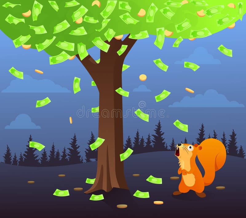 Cartoon Squirrel Under Money Tree with Dollar Bills Stock Vector ...