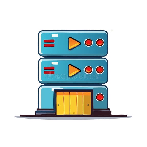 Cartoon Stack of Blue Servers with Orange Doors and Play Buttons for ...