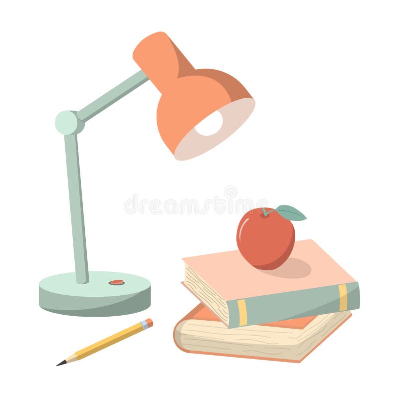 Cartoon Stack Books on Table with Lamp and Pencil, Vector Illustration ...