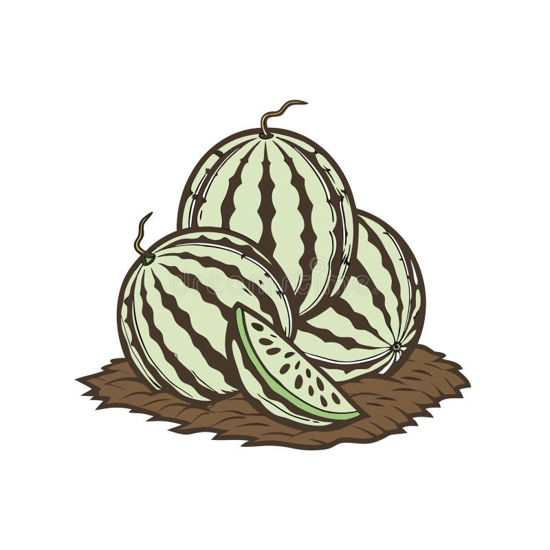 Cartoon Stack of Watermelons with Slice on Brown Leaves Stock Image ...
