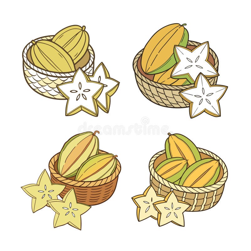 Cartoon Starfruit in Basket and Slices Illustration Stock Vector ...