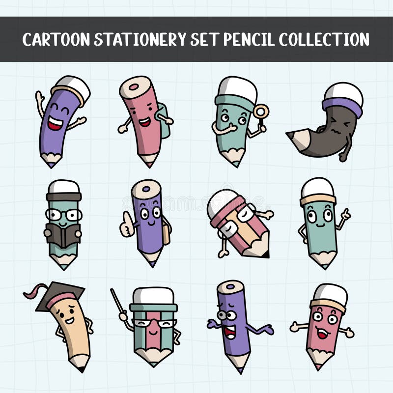 Cartoon Stationery Set Pencil Collection Stock Vector - Illustration of ...