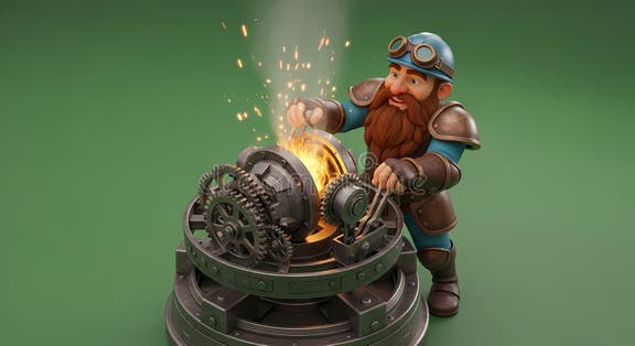 Steampunk Dwarf Engineer Working on Machine with Gears and Fire Stock Illustration ...